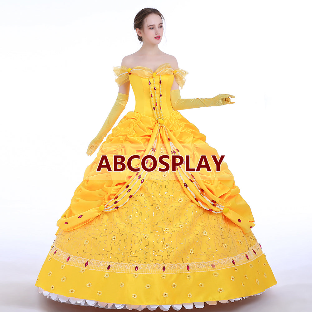 Beauty And The Beast Belle Princess Yellow Dress Luxury Cosplay Costum ...